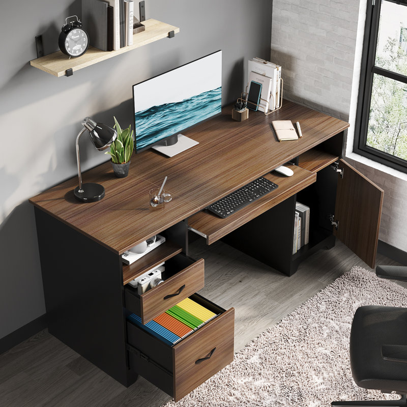 17 Stories Daylie 59'' Executive Desk with File and Storage Drawers and Cabinet, Computer ...